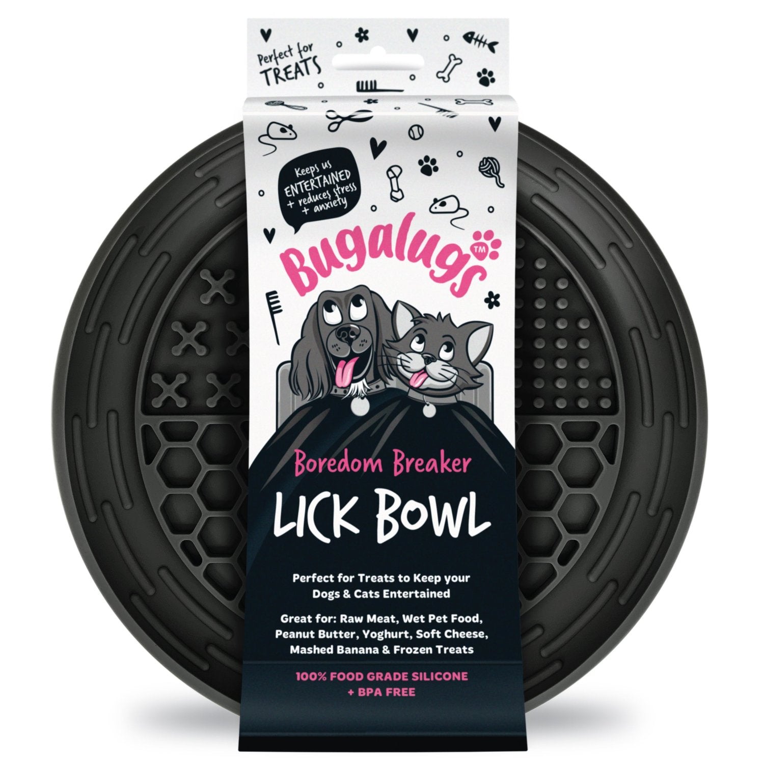 Bugalugs Lick Bowl for Dogs & Cats in Black - Lick Mat & Slow Feeder ...