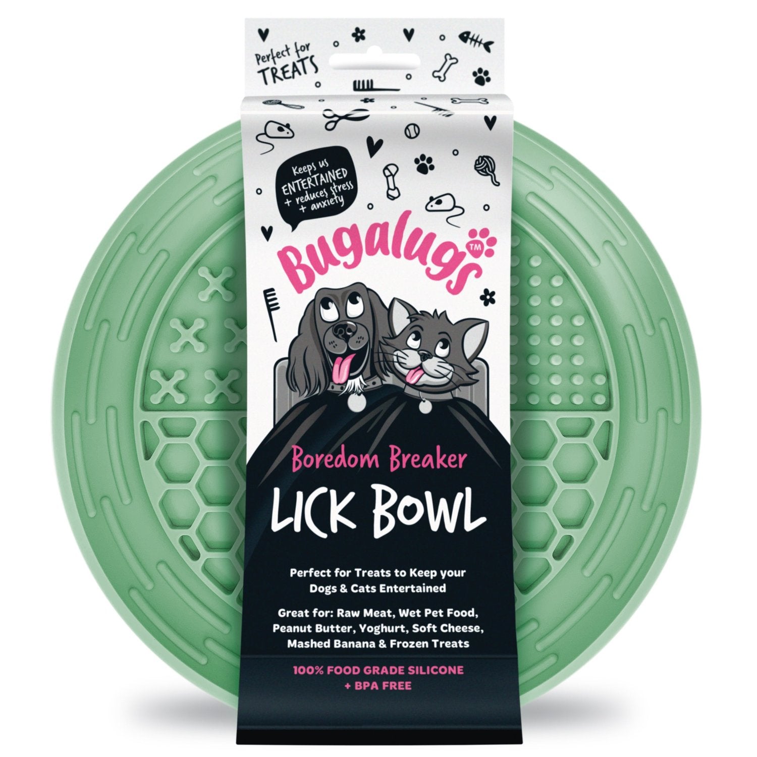 Bugalugs Lick Bowl for Dogs & Cats in Green - Lick Mat & Slow Feeder ...