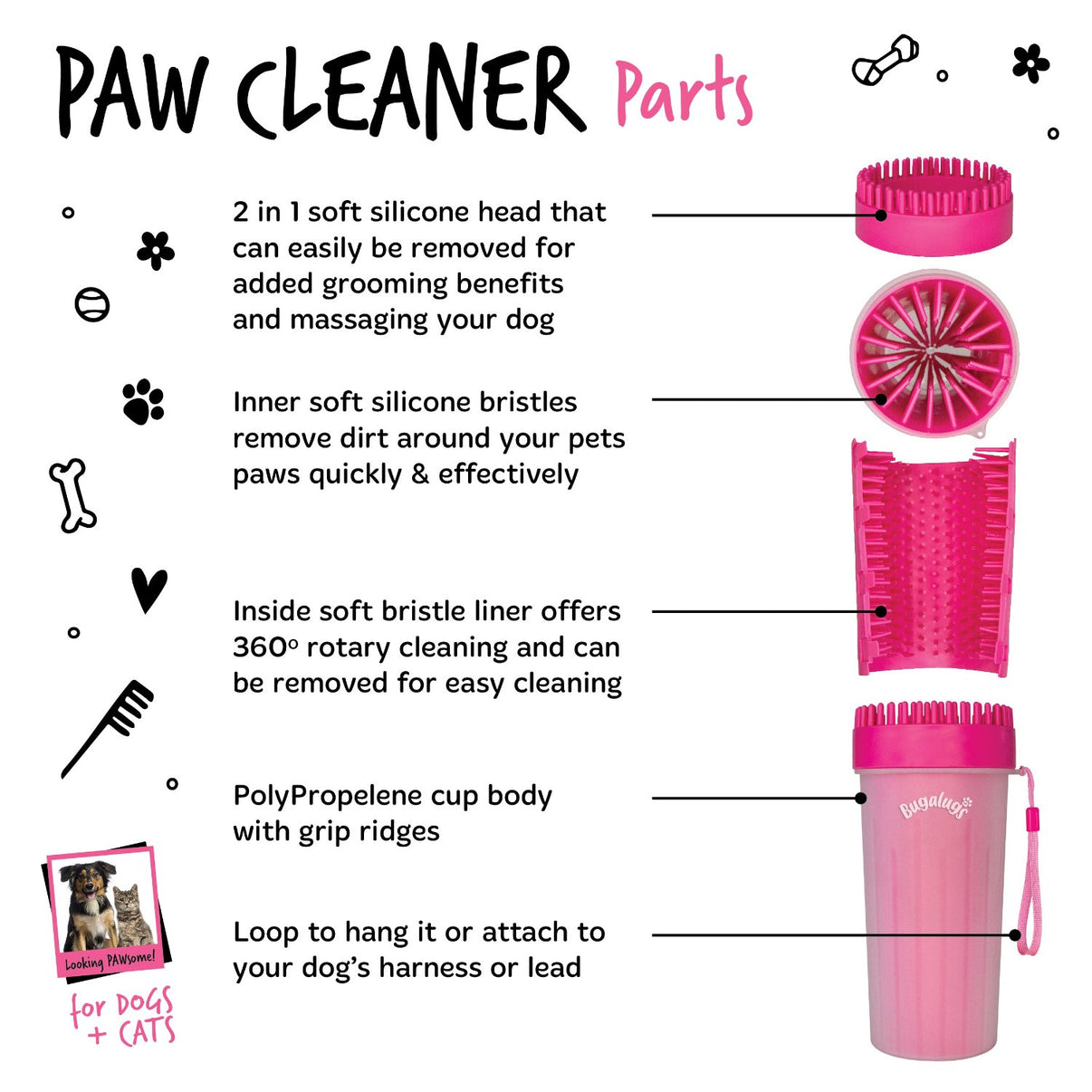 Bugalugs Pink Paw Cleaner Cup for Dogs & Cats | Large Pet Paw Cleaner ...