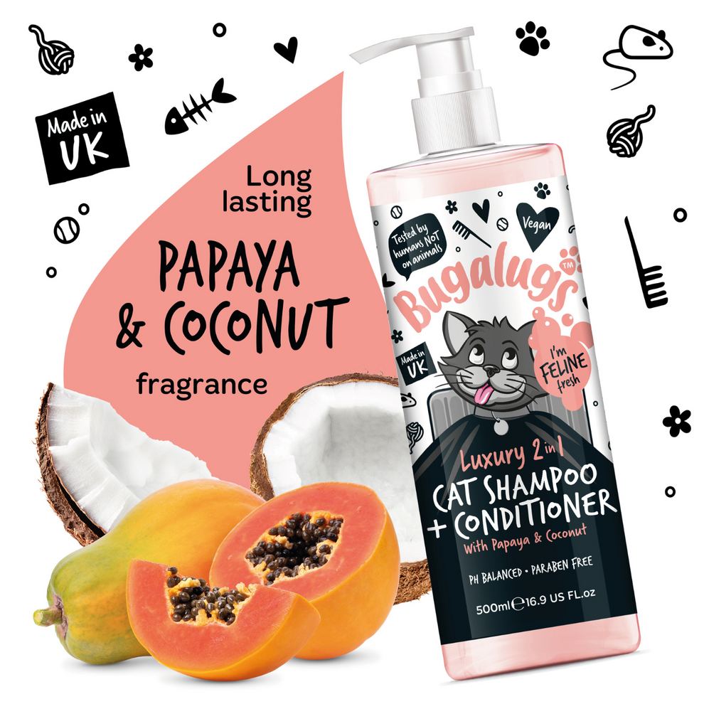 Bugalugs Luxury 2-in-1 Cat Shampoo & Conditioner with Papaya & Coconut ...